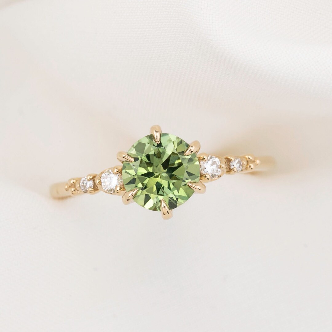 Round Green Montana Sapphire Engagement Ring, Vintage Antique Inspired ...