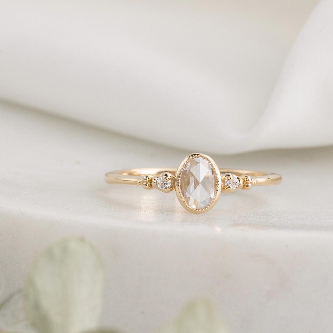 Small Natural Rose Cut Diamond Engagement Ring, Oval Rose Cut Diamond ...