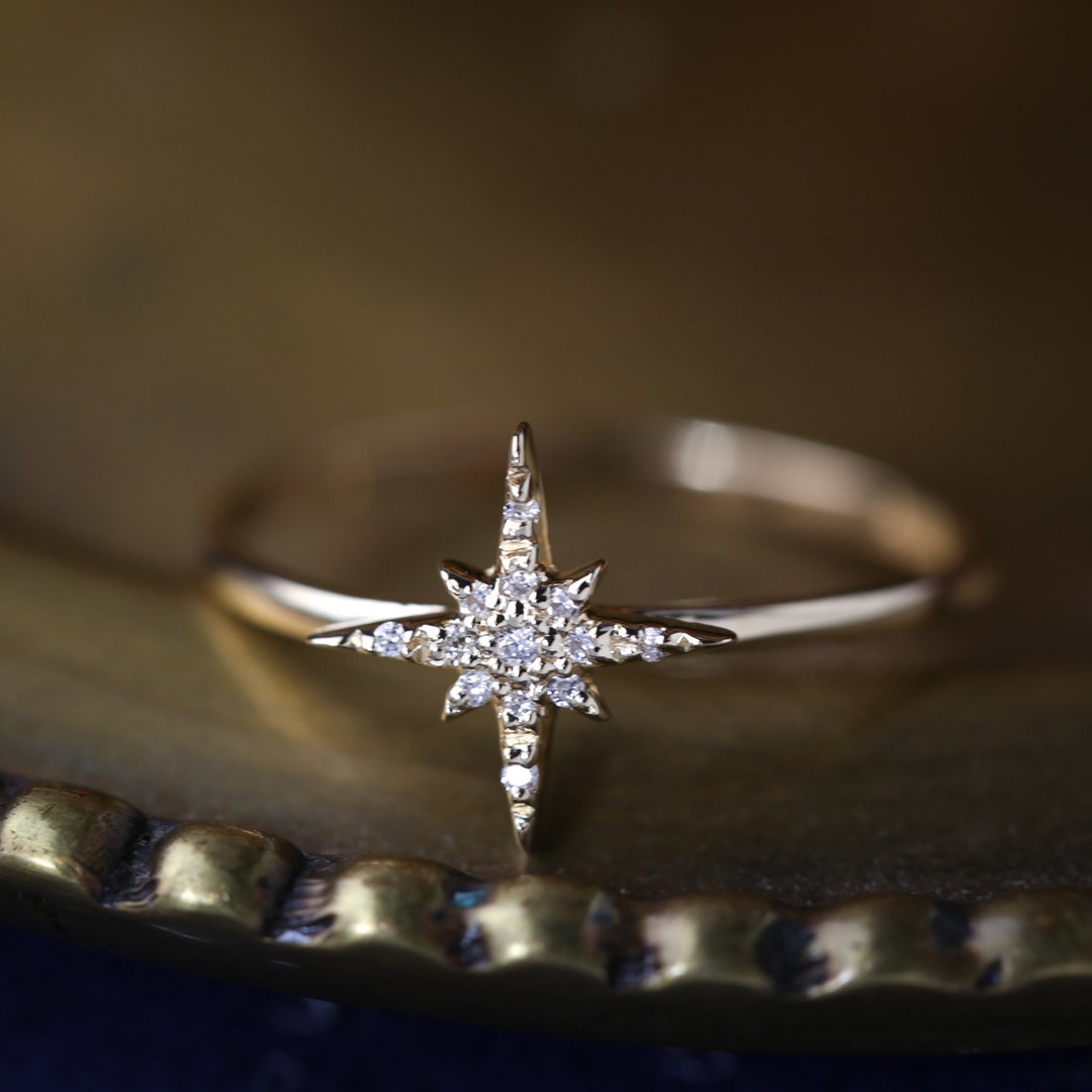 Starburst Diamond Ring, Star Diamond Cluster Ring, 14k Yellow Gold ...