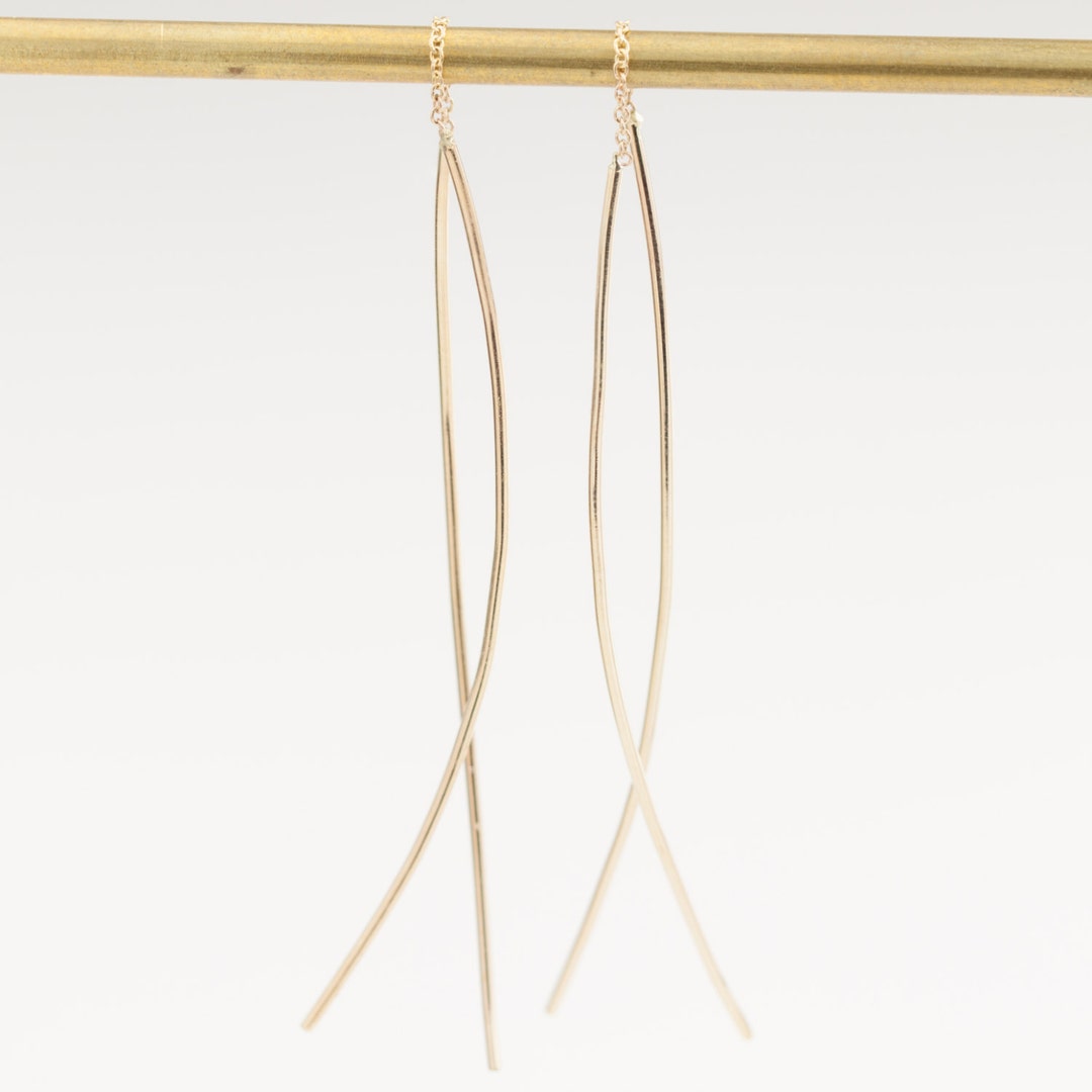 Bar Threader Earring, 14k Gold, Rose Gold, White Gold, Curved Bar Wire ...