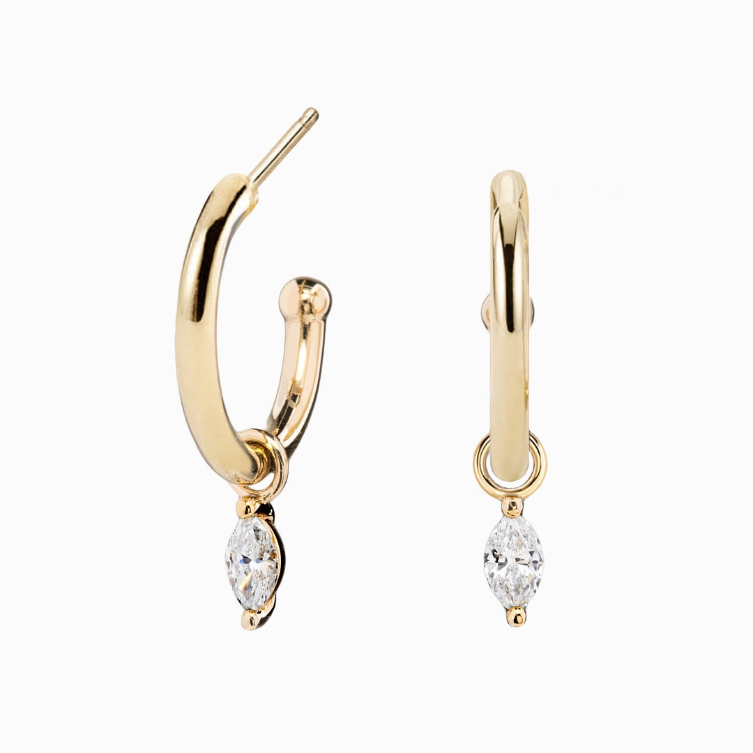 Natural Diamond Charm Hoop Earrings, 14k Solid Gold Hoops, Dainty ...
