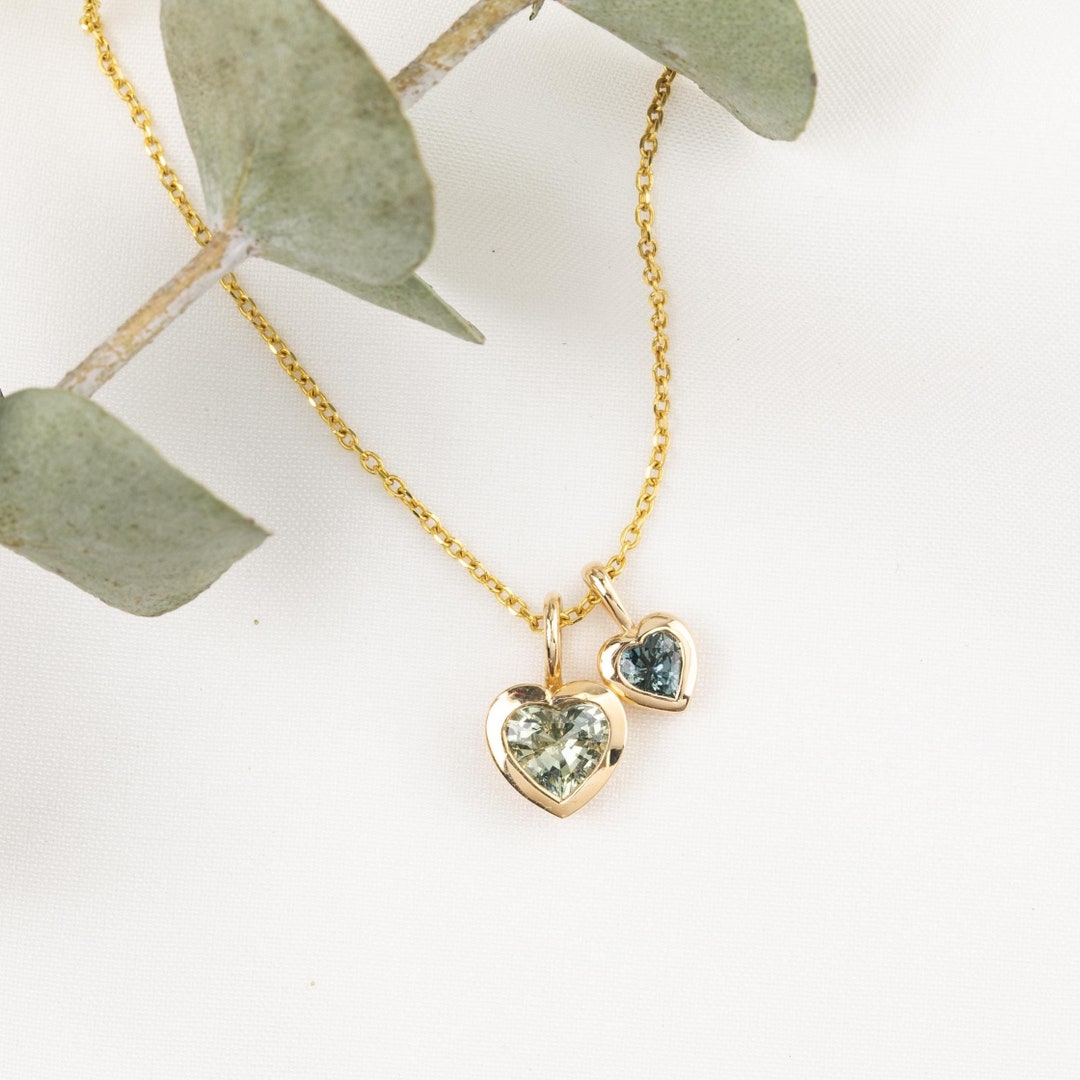Green Sapphire Heart Charm, Solid 14k Gold, Bezel Heart Pendant ...