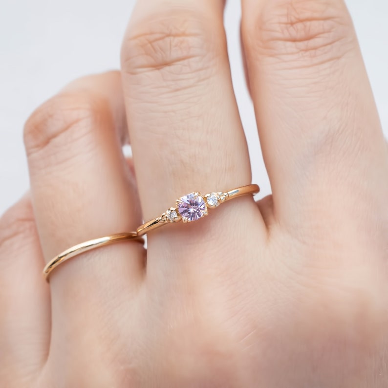 Pink Sapphire Engagement Ring, 14k Gold Diamond Accent, Three Stone ...