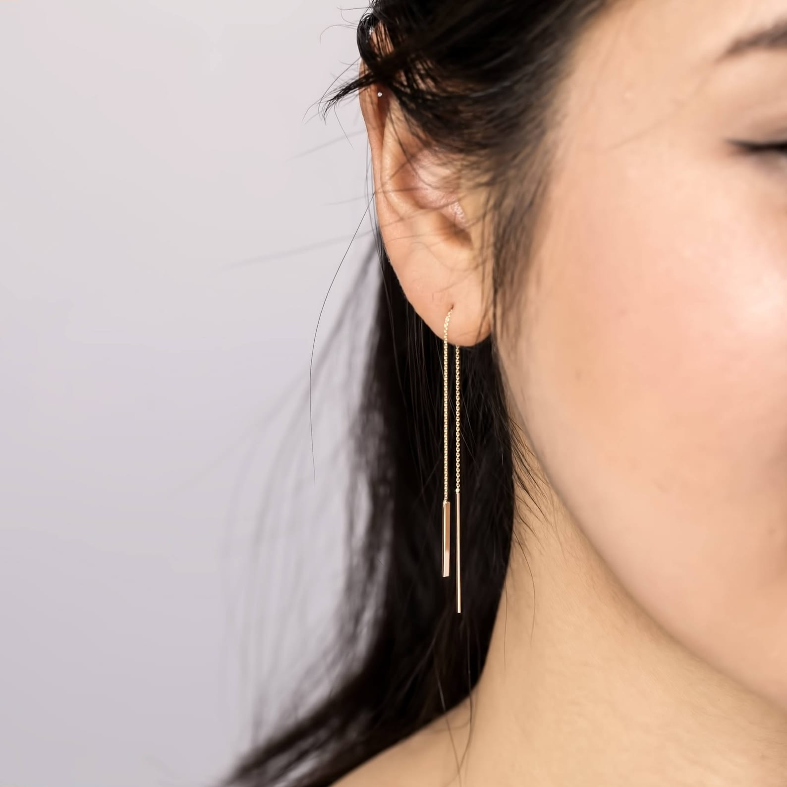 14k Solid Gold Bar Chain Thread Earrings Yellow Gold Rose | Etsy