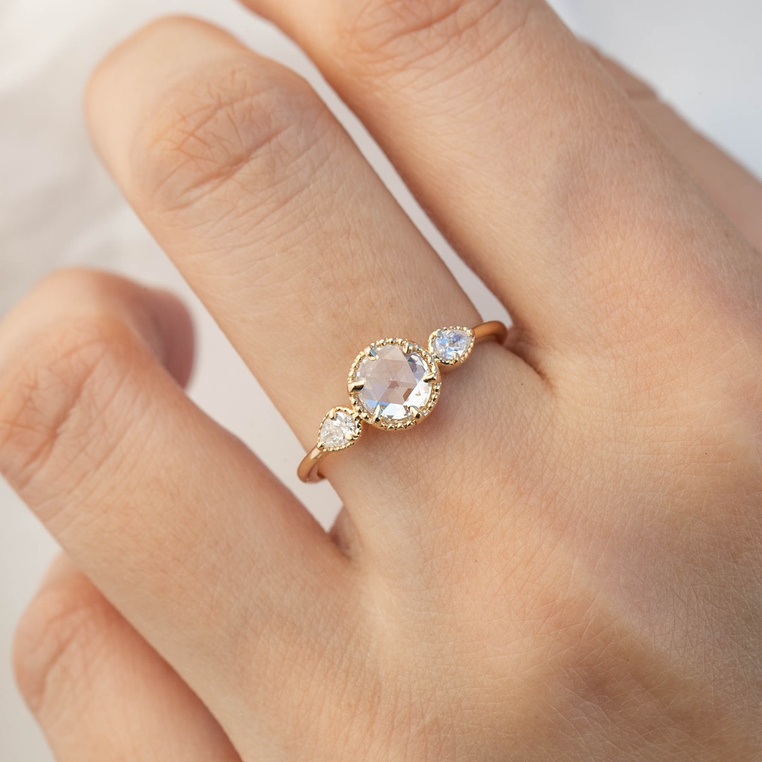 Natural Rose-cut Diamond Engagement Ring, Diamond Three-stone Ring With ...