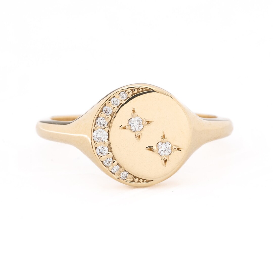 Round Signet Ring 14k Solid Gold, Crescent Diamond Custom Signet, Moon ...