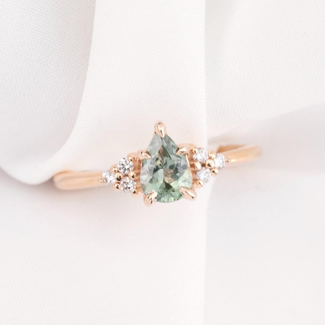 Green Sapphire Engagement Ring, Pear Shaped Sapphire Ring, Vintage ...