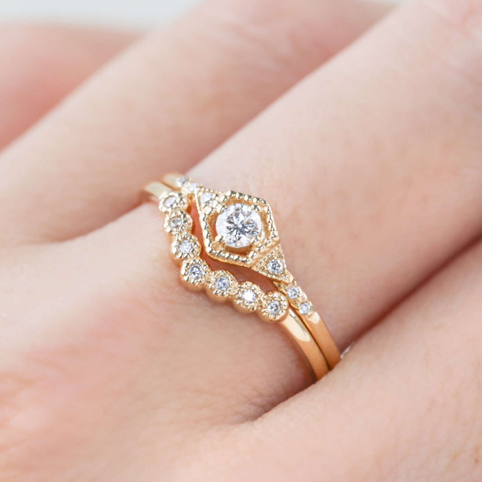 Diamond curved nesting wedding ring unique wedding band v | Etsy