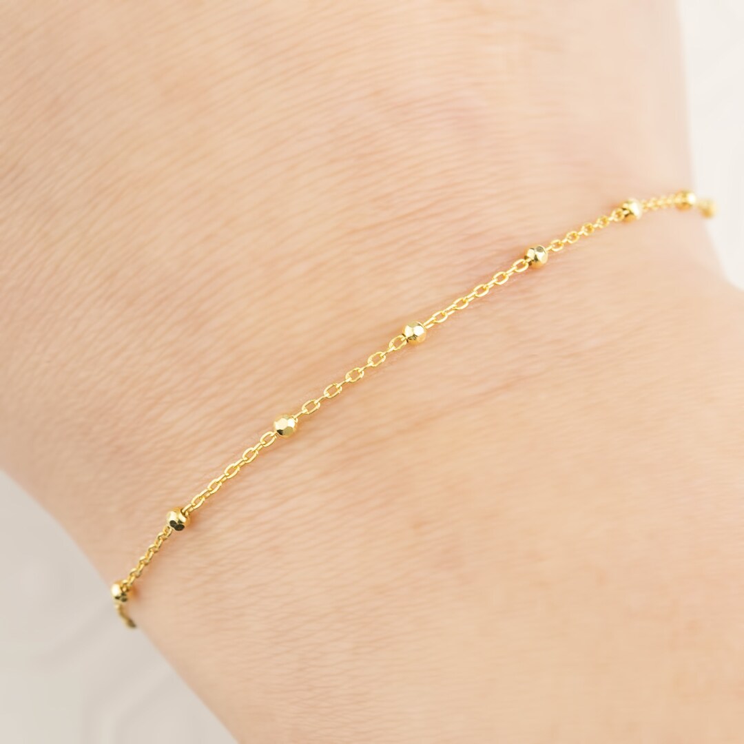14k Solid Gold Bead Chain Bracelet, Beaded Gold Bracelet, Dainty Gold ...