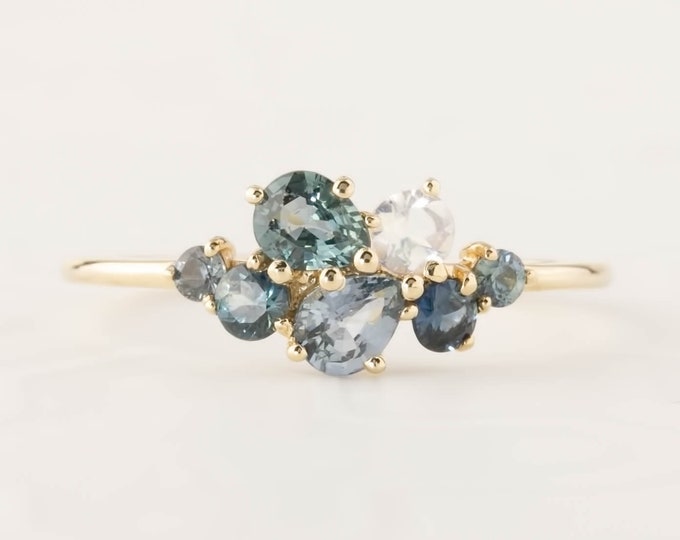 One of a Kind Teal Blue Sapphire & Moonstone Cluster Ring, Solid 14k ...