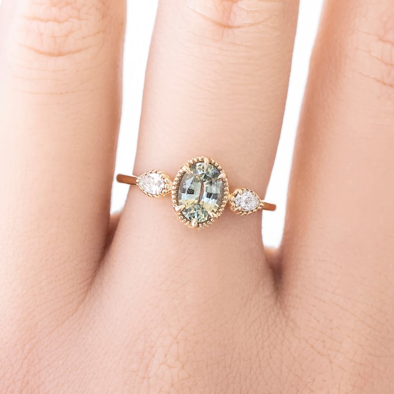 Oval Sapphire Engagement Ring, Oval 3 Stone Engagement Ring, Pear Cut ...