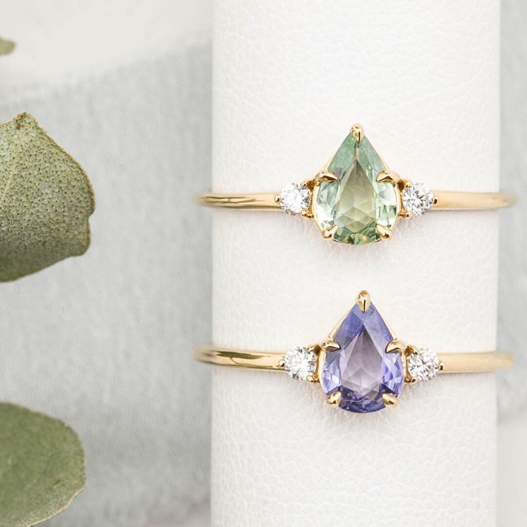 Teardrop Sapphire Ring, Three Stone Pear Cut Green Sapphire Ring, 14k ...