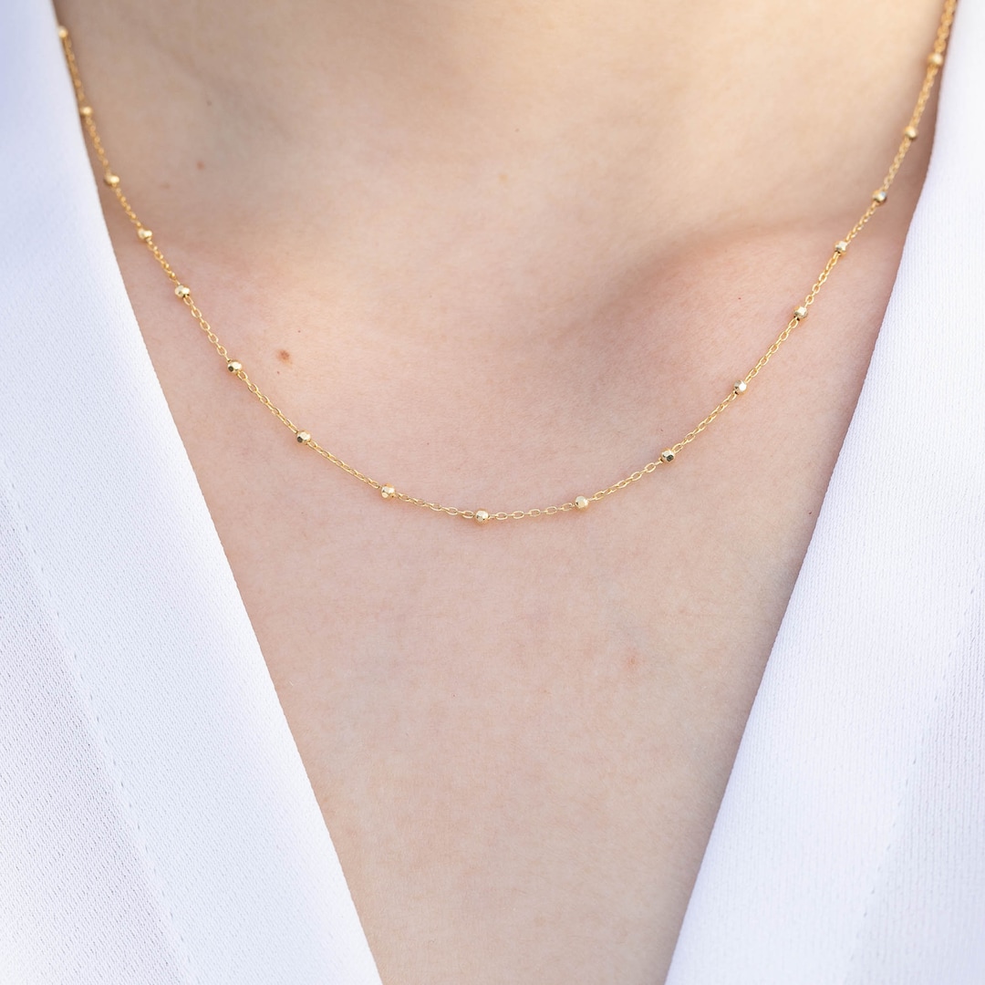 14k Gold Beaded Chain, Minimalist Gold Necklace, Simple Chain, Dainty ...