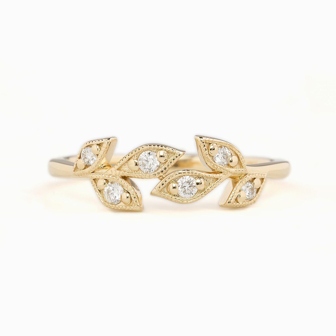 Diamond Leaf Ring, 14k Solid Gold Ring, Natural Diamond Leaf Band ...