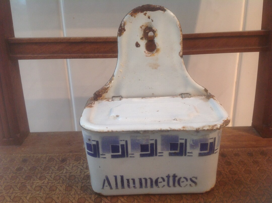 Rustic French Enamel Allumettes Box. Enamelware Match Box. White and ...