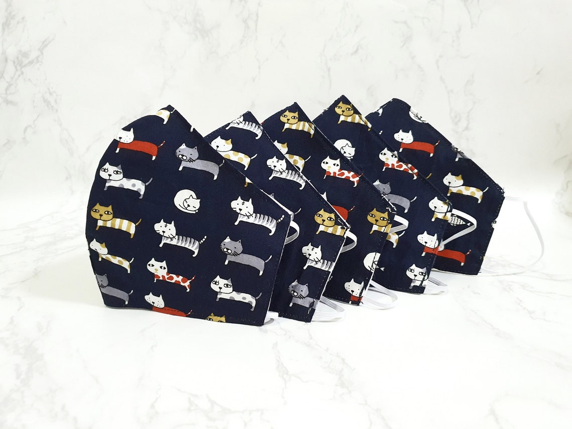 Cat on Dark Blue Fabric Face Mask 3 Layer Face Mask With | Etsy