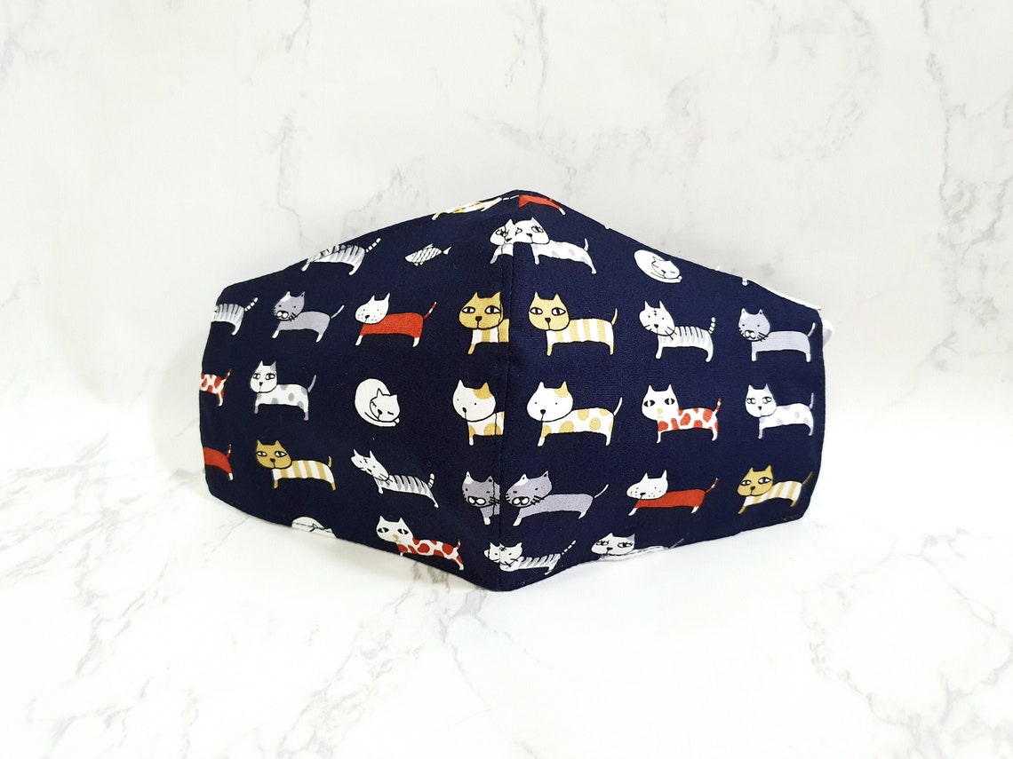 Cat on Dark Blue Fabric Face Mask 3 Layer Face Mask With | Etsy