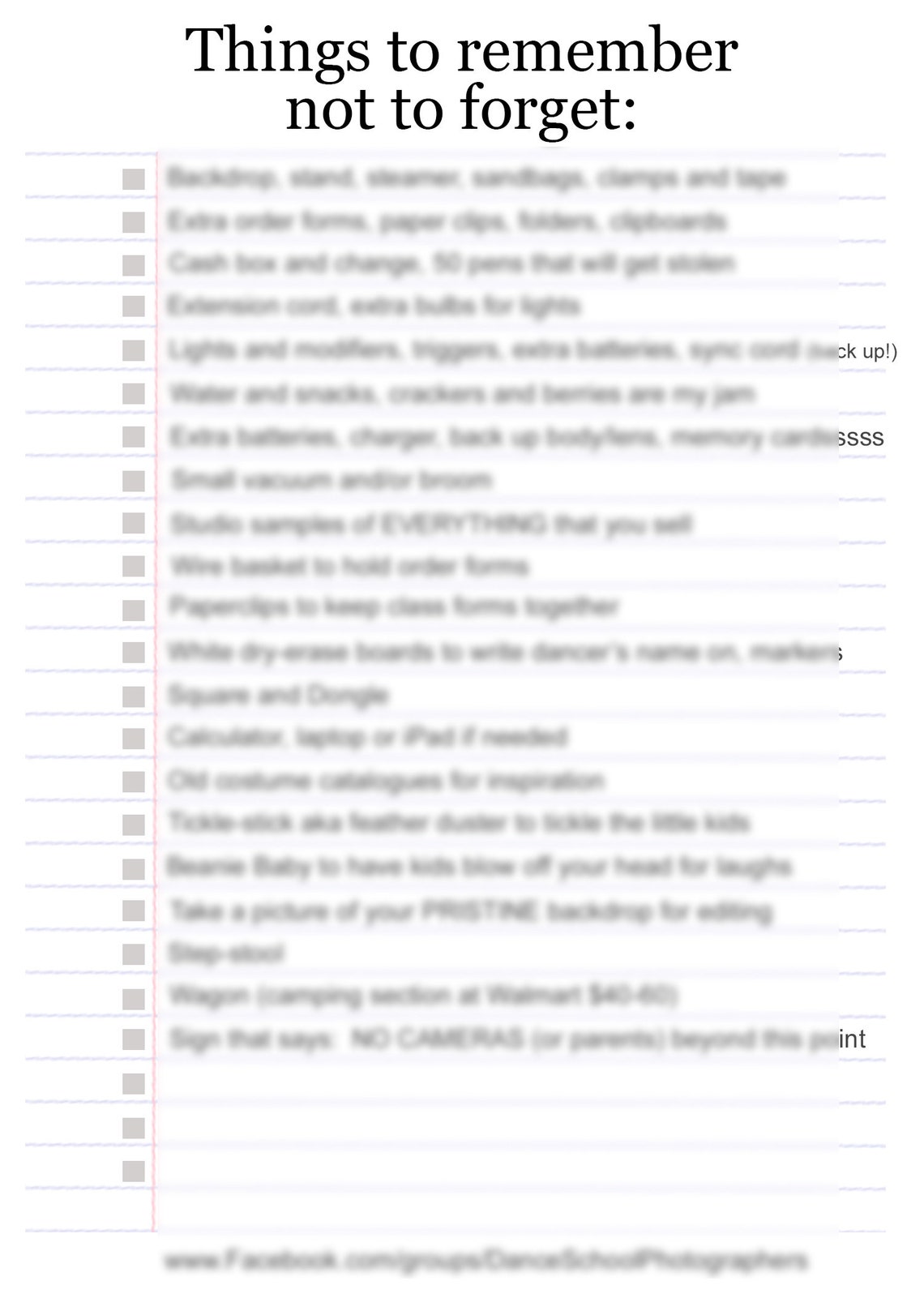 Dance Template Checklist What to Bring on Dance Photo Weekend FORM for ...
