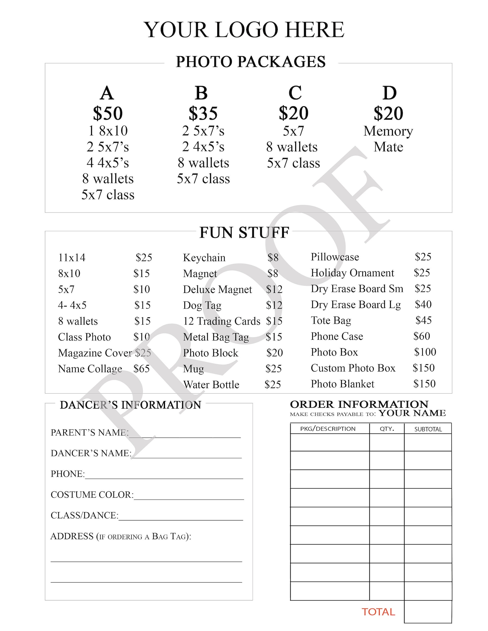 Dance Order Form PSD Template for Photographers Customize With Your ...