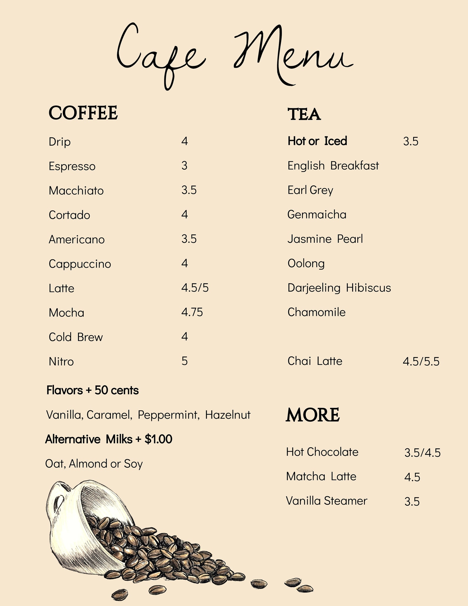 Printable Coffee Menu Cafe Menu Restaurant Menu Dessert - Etsy