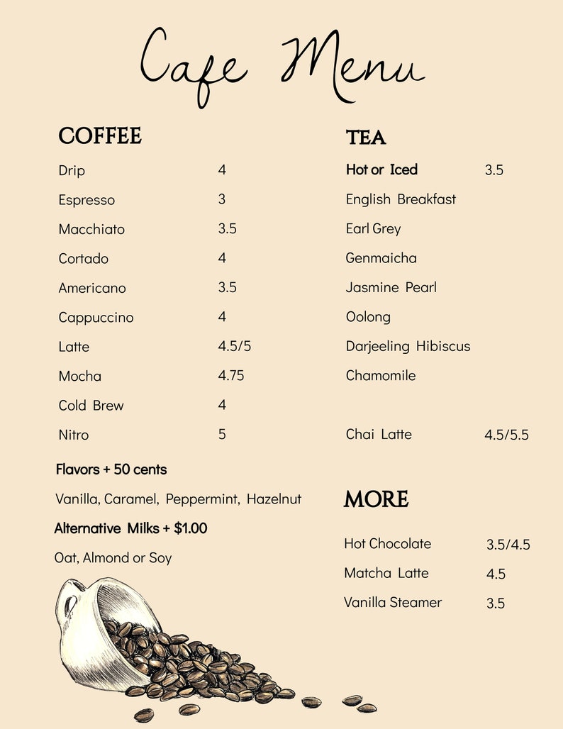 Printable Coffee Menu | Cafe Menu | Restaurant Menu | Dessert Menu ...