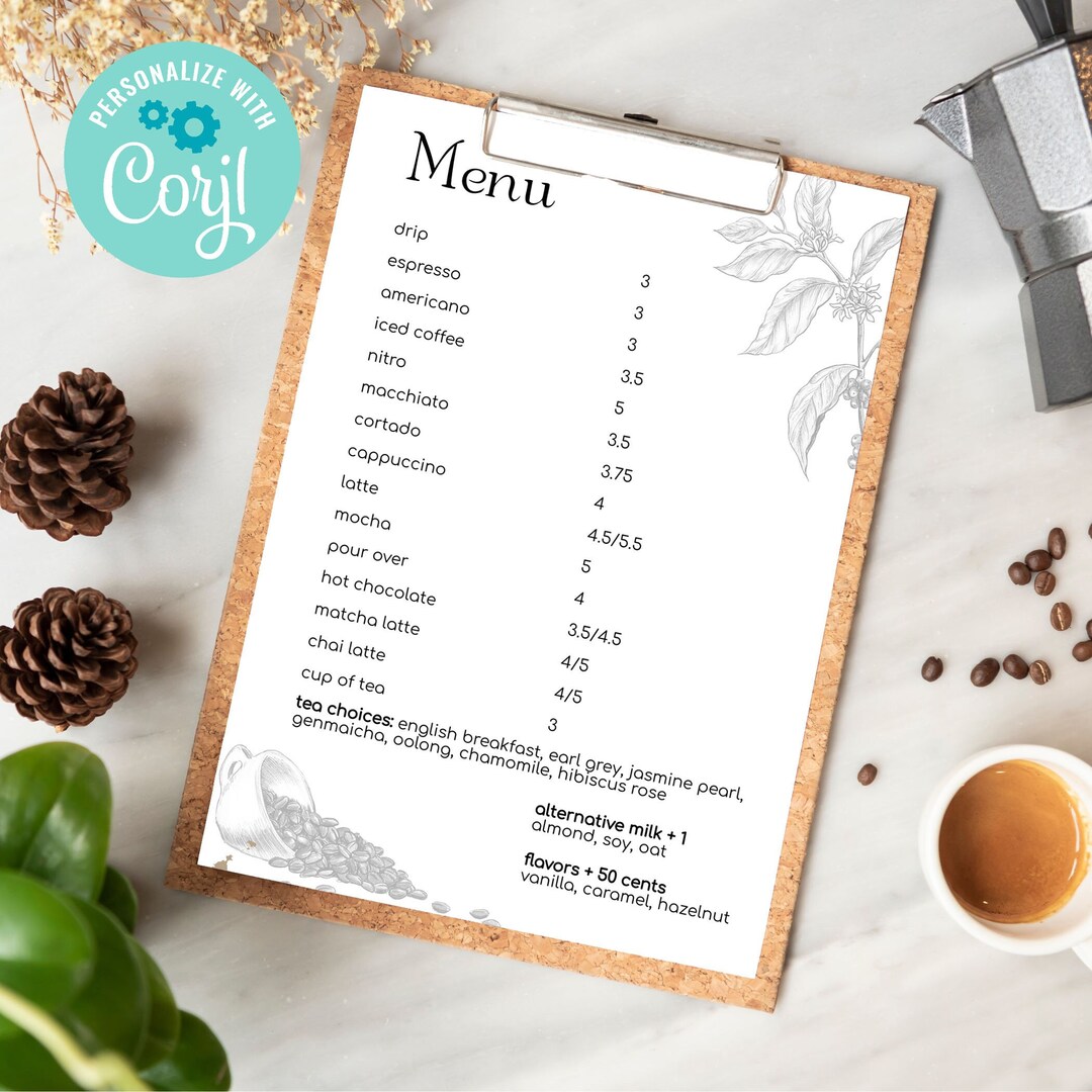 Printable Minimalist Coffee Menu | Cafe Menu | Coffee Shop Sign | Drink ...