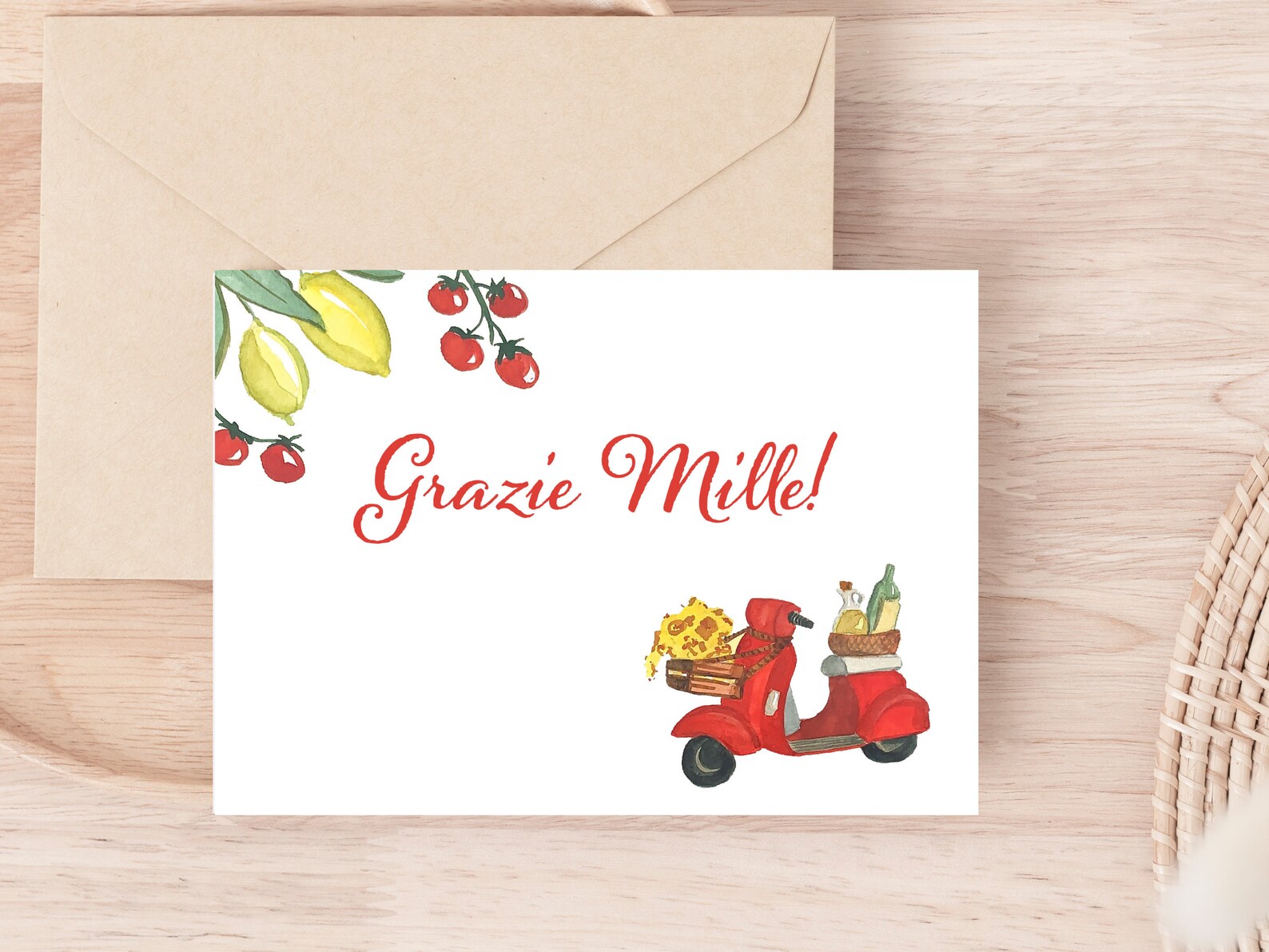 Printable Grazie Thank You Card | Italian Theme | Red Vespa With Lemons ...