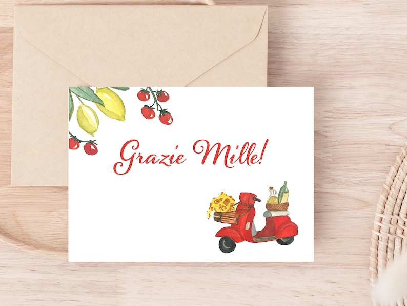 Printable Grazie Card: Italian Vespa, Lemons & Tomatoes (digital ...