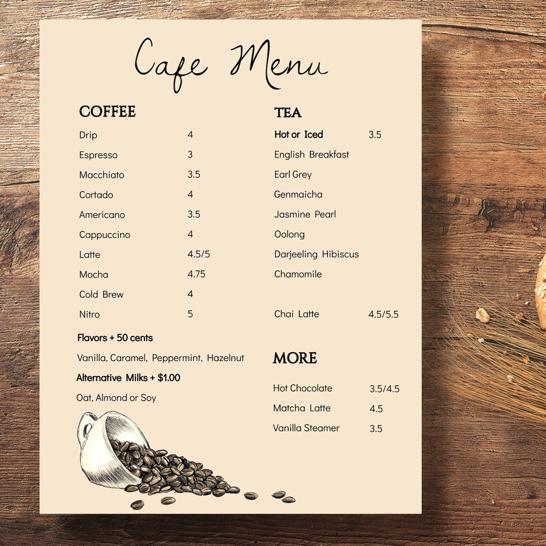 Printable Coffee Menu | Cafe Menu | Restaurant Menu | Dessert Menu ...
