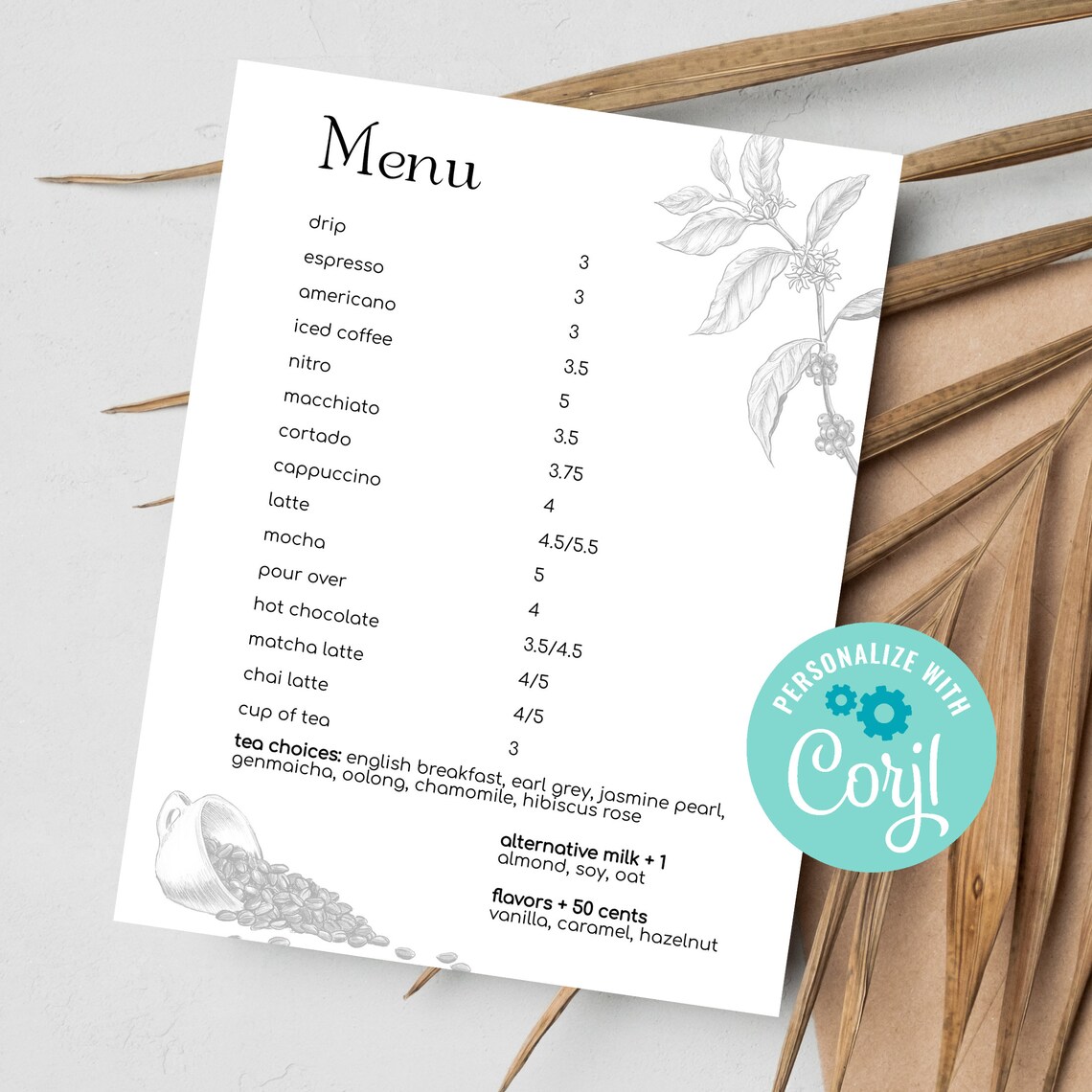Printable Minimalist Coffee Menu | Cafe Menu | Coffee Shop Sign | Drink ...