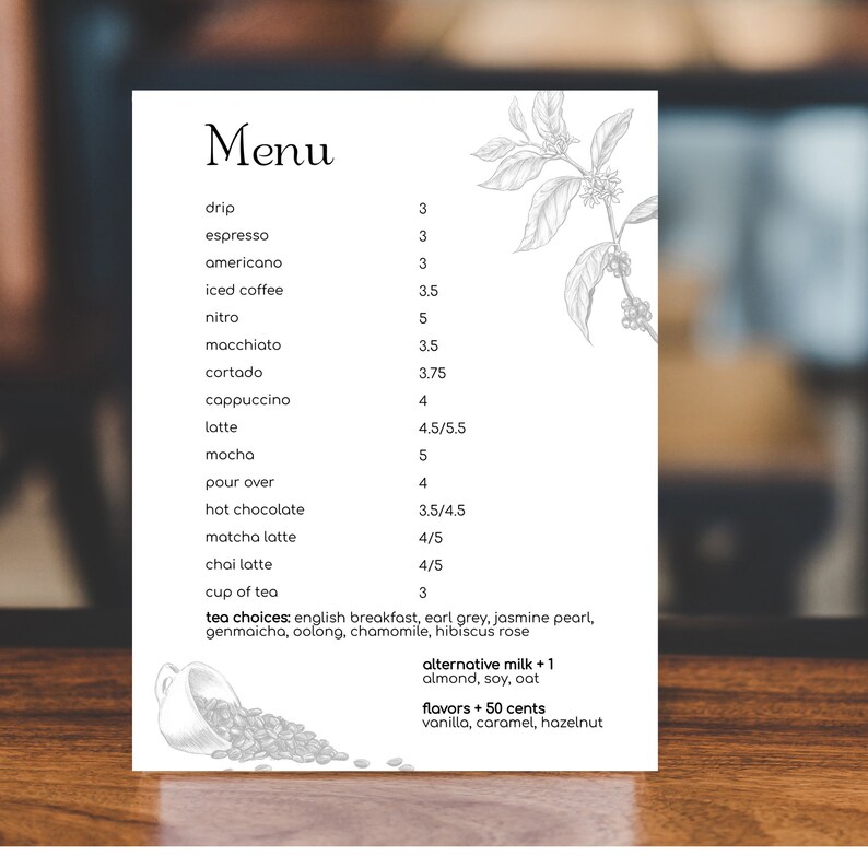 Printable Minimalist Coffee Menu | Cafe Menu | Coffee Shop Sign | Drink ...