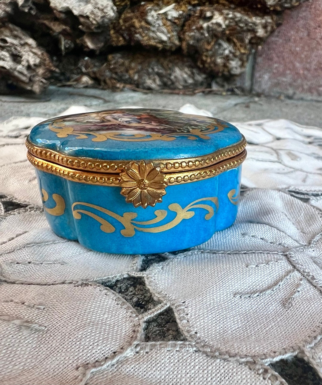 Antique French Limoges, Blue Enamel Trinket Box, Hand, Painted Pastoral ...