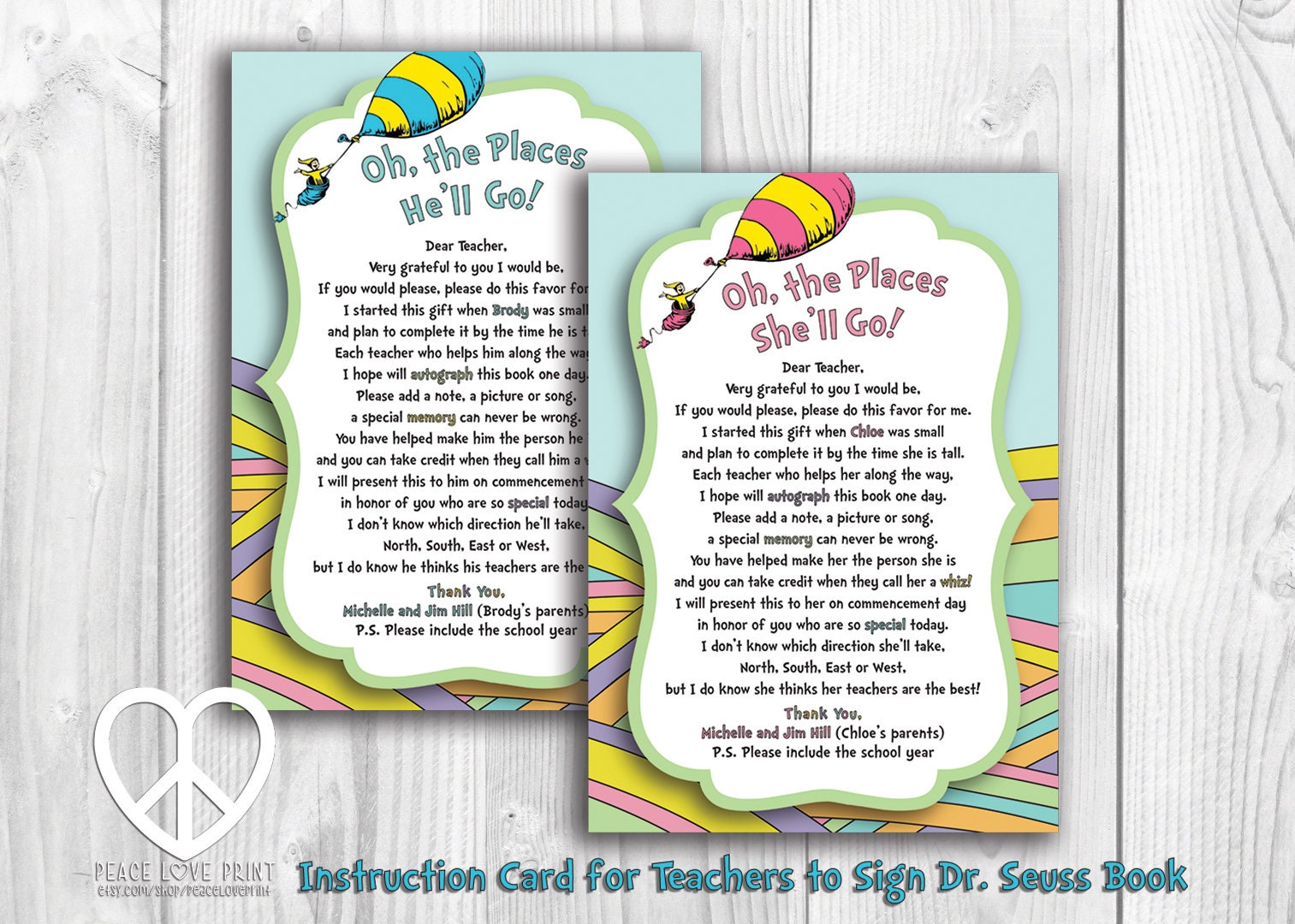 Oh the Places You'll Go Instruction Card for Teachers to Sign Book ...