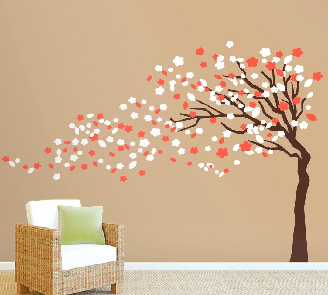 6ft Tree Decal - White and Coral - Wind Blowing 6ft Tree Wall Decal Art ...