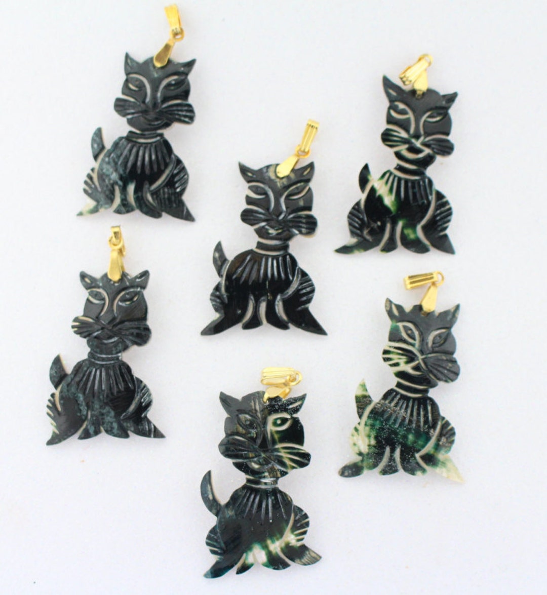 6 PCS VINTAGE Abalone Shell Black Cat Colgantes / Charms con Gold Bails ...