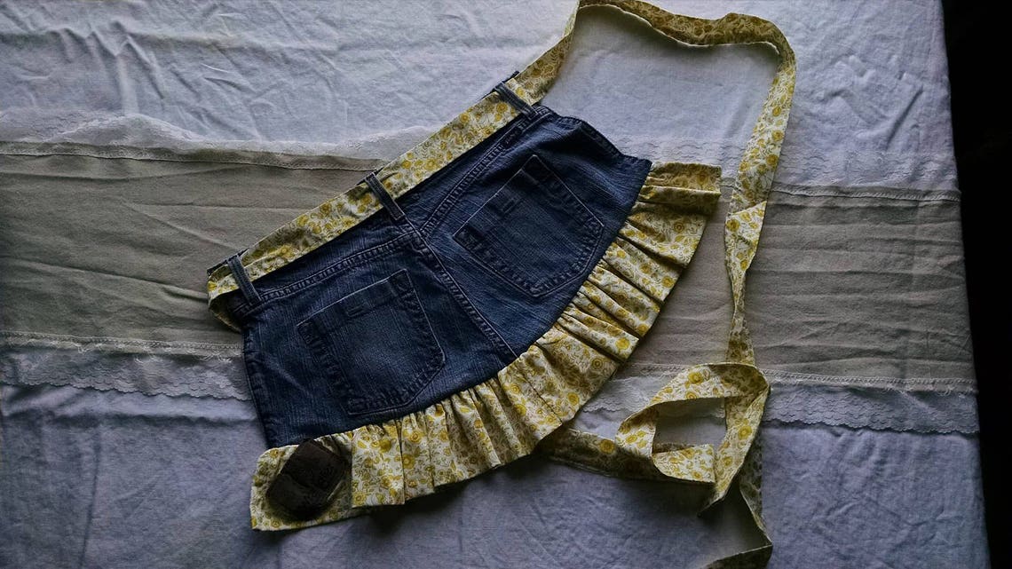 Denim Apron, Half Apron, Vintage Yellow Farbric, Shabby Chic Apron ...