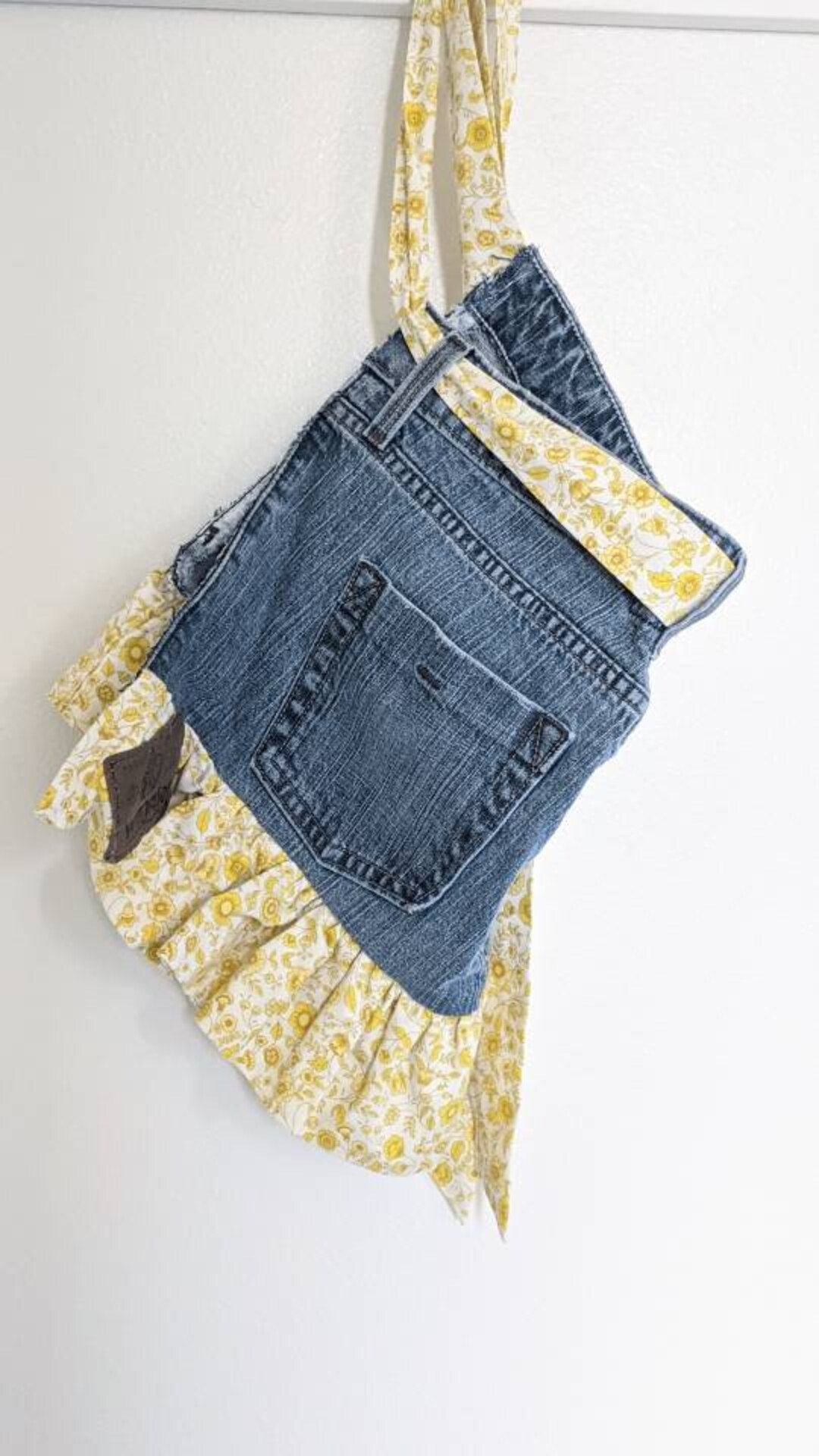 Denim Apron, Half Apron, Vintage Yellow Farbric, Shabby Chic Apron ...