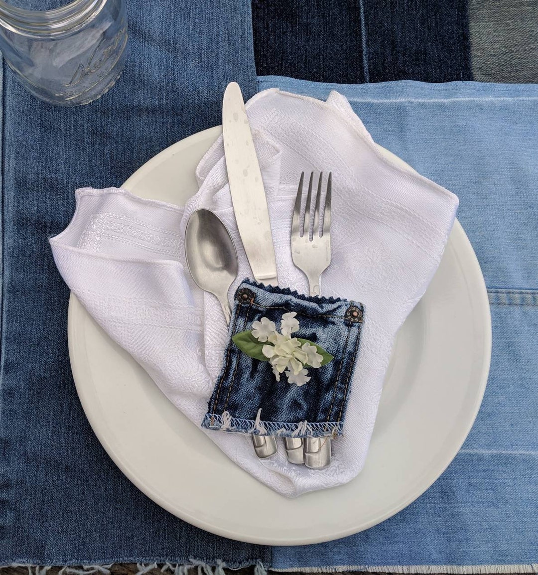 Small Denim Pockets, Distressed Tiny Denim Pockets Silverware Holder ...