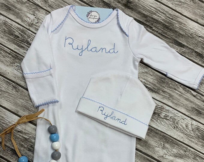 Monogram Baby Boy Gown and Cap Set With Blue Picot Trim, Infant Gown ...