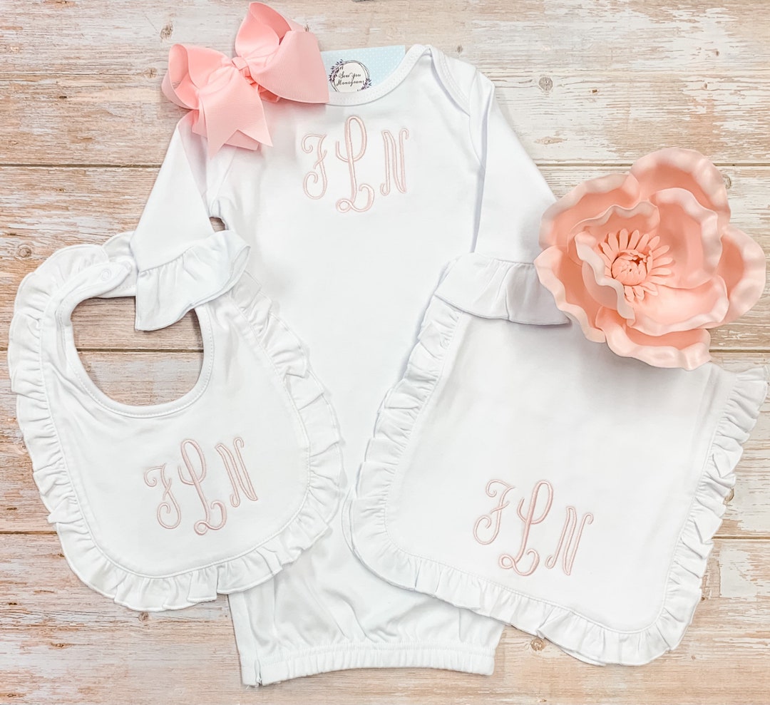 Monogram Baby Girl Gown Set, Infant Gown Bib Burp Cloth Set, Baby Gown ...