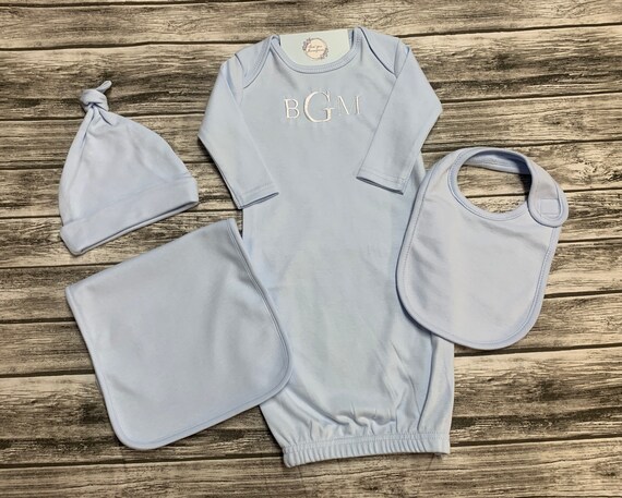 Monogram Baby boy gown set Infant gown bib burp cloth set | Etsy