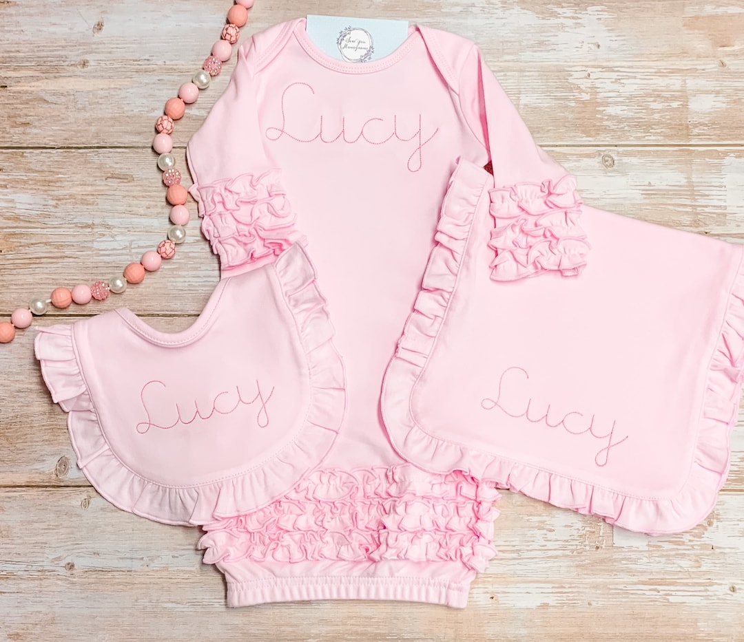 Monogram Baby Girl Gown Set, Infant Gown Bib Burp Cloth Set, Baby Gown ...