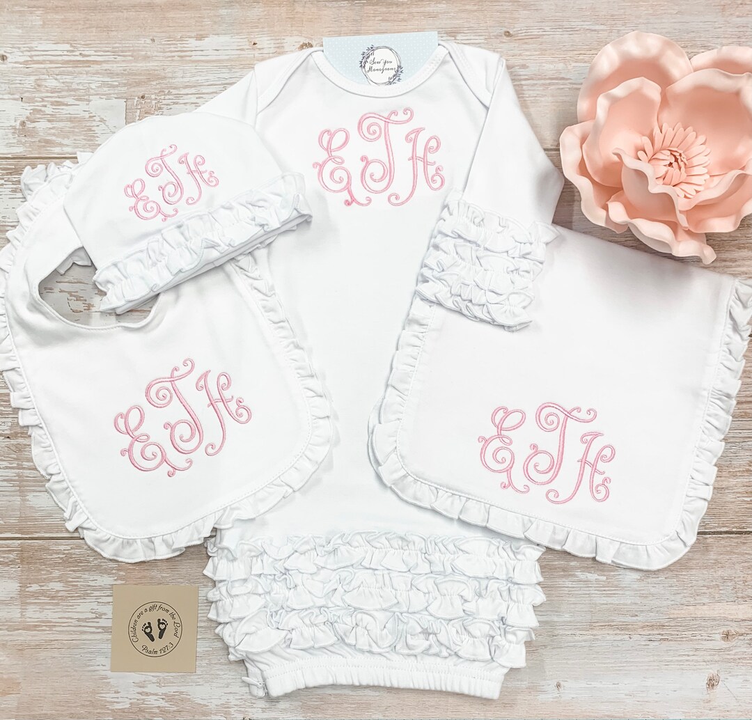 Monogram Baby Girl Gown Set, Infant Gown Bib Burp Cloth Set, Baby Gown ...