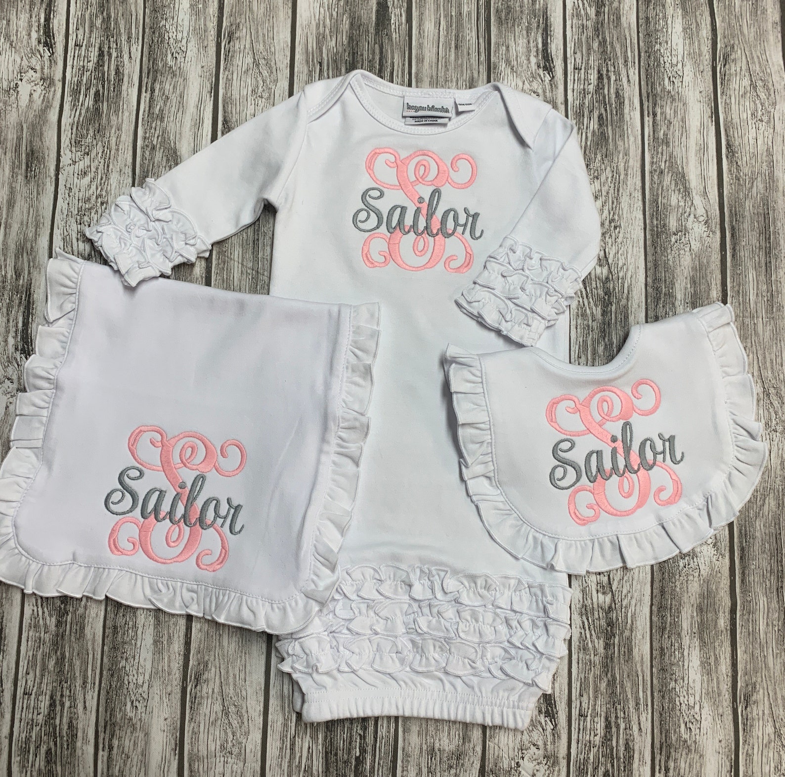 Monogram Baby Girl Gown Set Infant Gown Bib Burp Cloth Set | Etsy