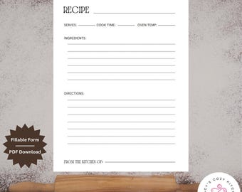 Printable 8.5 X 11 Recipe Page With a Fancy Style Title, Fillable ...