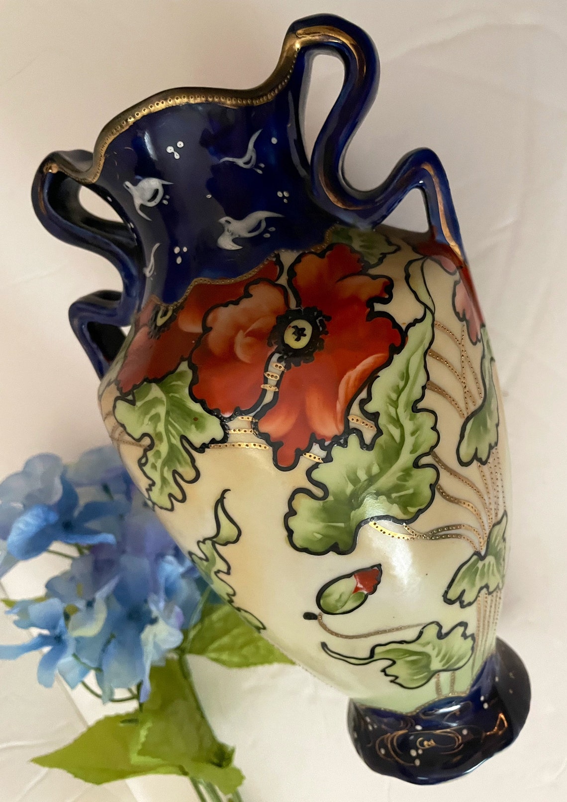 Antique Vase, Art Nouveau, Japanese, Poppies, Bats - Etsy