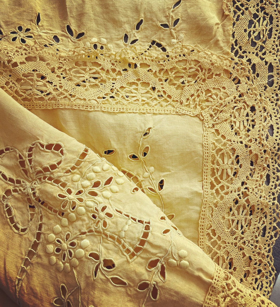 Antique French Textile, Golden Yellow, Lace and Cutwork Mantel Cover - Etsy