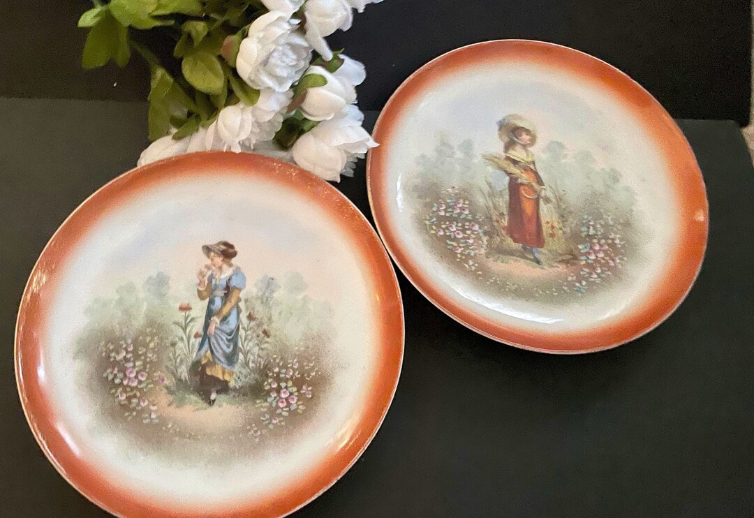 Antique French Wall Plates, 1800s, Hand Printed Women and Flowers, Gold ...