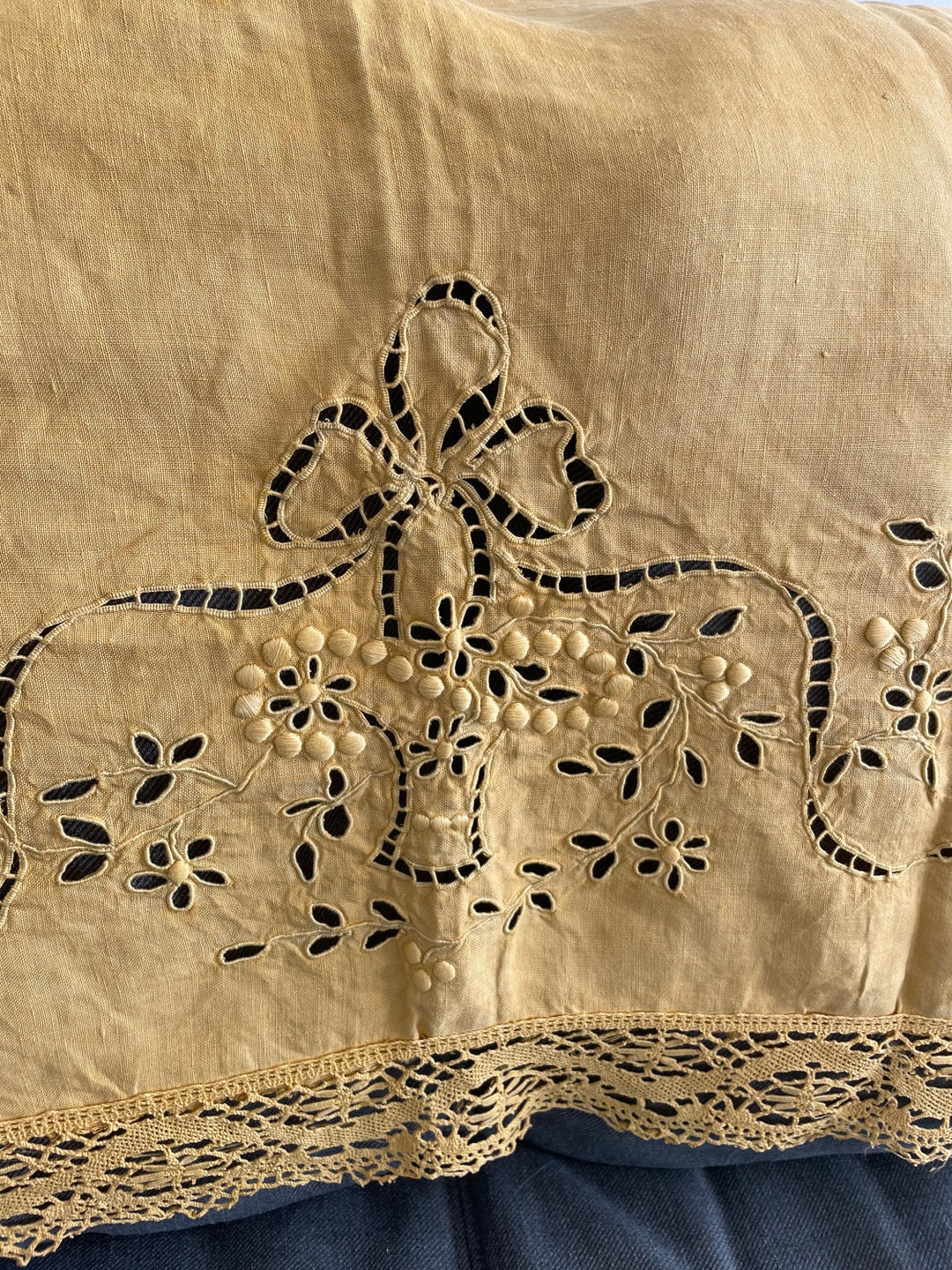 Antique French Textile, Golden Yellow, Lace and Cutwork Mantel Cover - Etsy