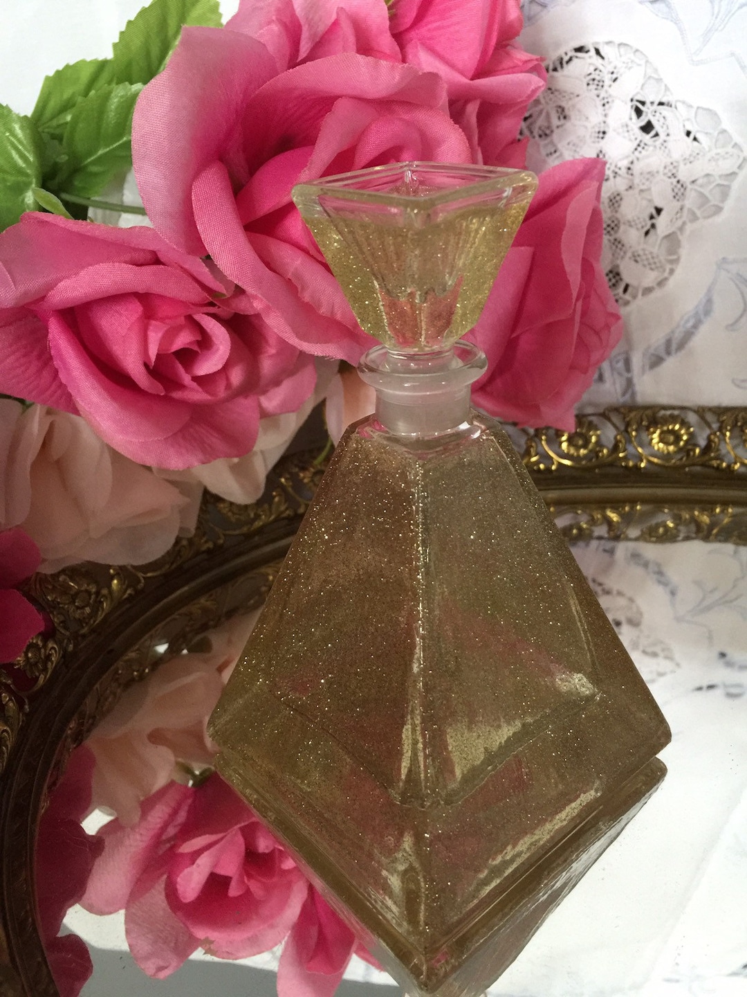 Vintage Perfume Bottle, France, Gold Glitter Glass, Pyramid Shape ...